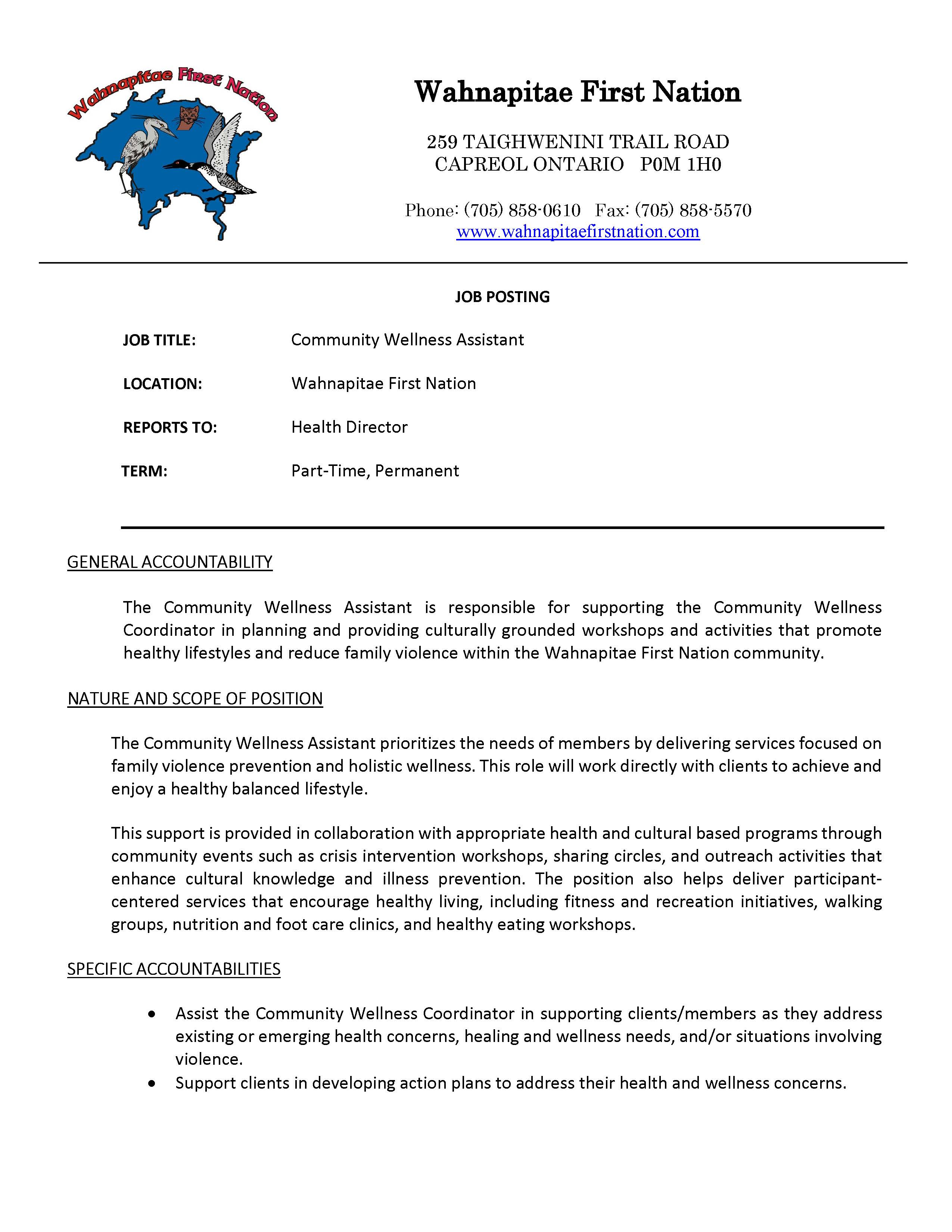 Job Posting - Community Wellness Assistant - Wahnapitae First Nation
