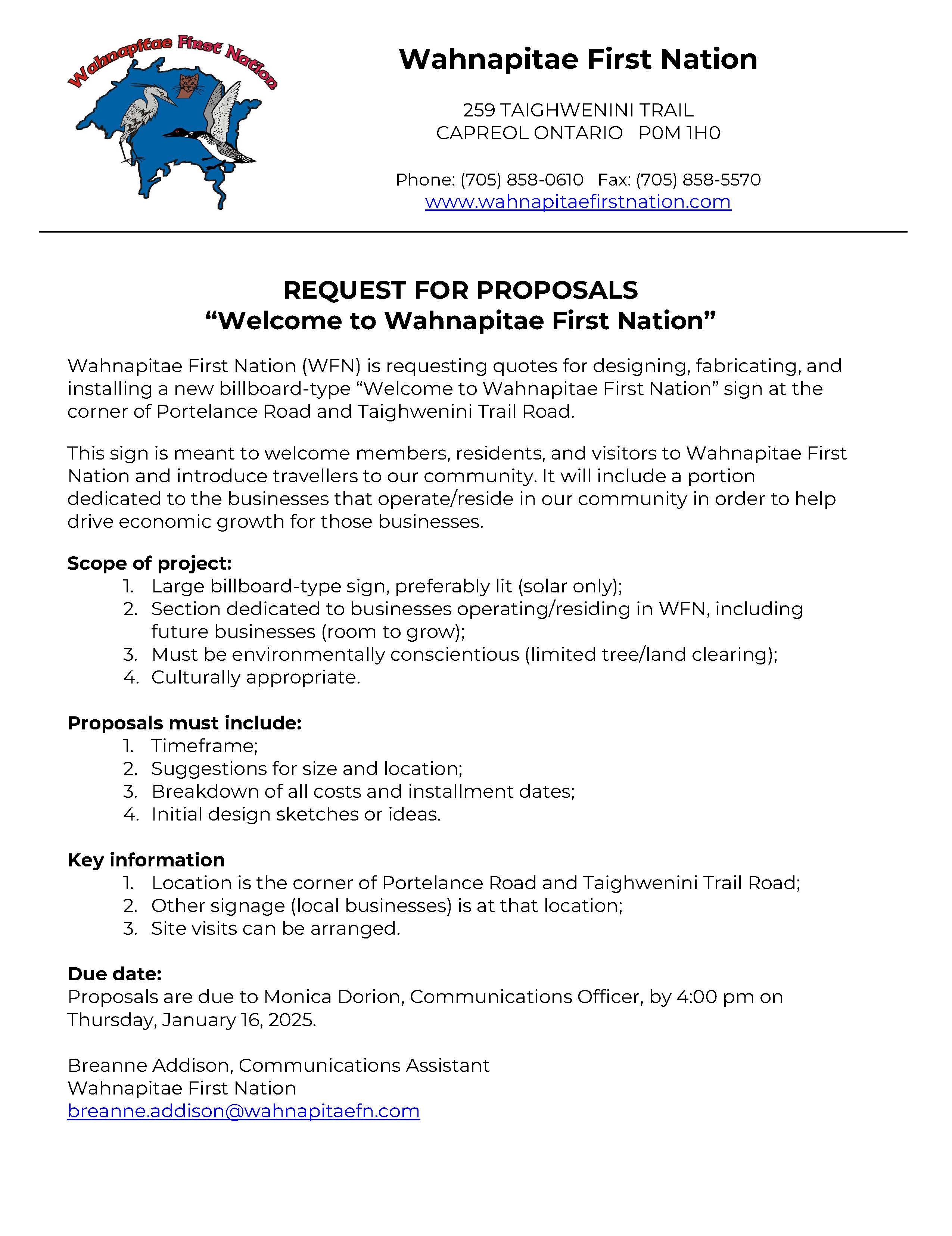 RFPs & RFQs - Wahnapitae First Nation